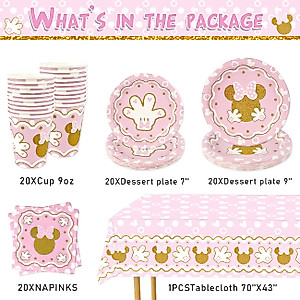 Haimimall Minnie Party Supplies Tableware Set Baby Shower Girl Minnie Theme Mouse Birthday Party Include Backdrop,Tablecloth,Plates,Napkins,Cups,Balloons Baby Shower Decorations Dinnerware Serve 20