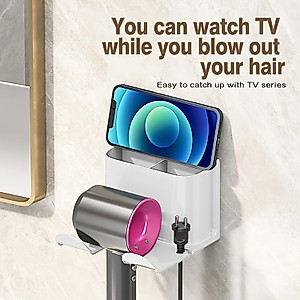 Hair Dryer Holder Wall Mounted for Dyson Supersonic Hair Dryers, Self Adhesive Hair Tool Organizer Blow Dryer Holder with Plug Hook and Rack for Storage, Bathroom Accessories Hair Dryer Stand (White)