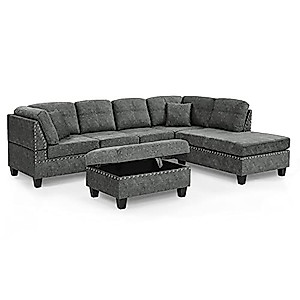 UBGO Furniture, L-Shape Set,Modern Upholstered Living Room Sectional Reversible Chaise,Couches Sofas for Large Space Dorm Apartment-Gray