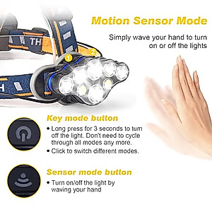 Elmchee Rechargeable Headlamp 8 Led Head Lamp 18000 Lumen Ultra-Bright, 16 Modes Adjustable Motion Sensor Headlight with Red Light, Waterproof Head Flashlight for Outdoor Hiking Camping