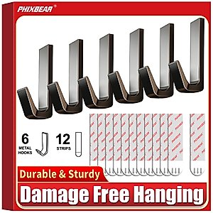 PHIXBEAR Damage Free Hanging Wall Hooks with Adhesive Strips, Adhesive Hooks for Hanging Heavy Duty, Removable Black Sticky Hooks, 6 Metal Hooks and 12 Strips