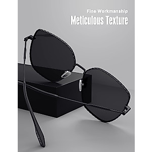 LUENX Trendy Square Oversized Women Aviator Sunglasses - Polygon Flat Three dimensional Rhombic Loop Wire Black Frame PC Grey Lens