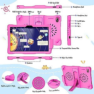 10.1 Inch Kids Tablet,Android 12 Tablet for Kids with Parent Control,1280x800 HD IPS,3GB+32GB,6000mAh Dual Camera WiFi Bluetooth Tablet,Children Tablet with Shock-Proof Case YouTube Netflix(Pink)