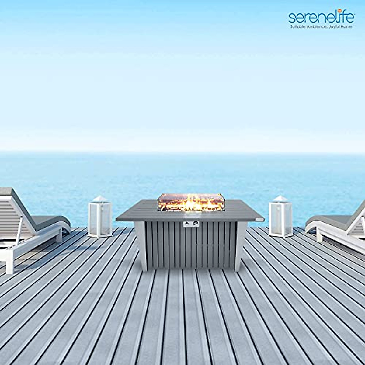 Outdoor Propane Fire Pit Table - CSA/ETL Certified 50,000 BTU Pulse Ignition Weatherproof Rectangle Propane Gas Fire Table w/Adjustable Flame - Glass Rocks Wind Guard, Black - SereneLife SLFPSX55