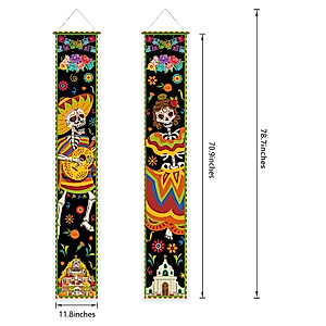 Allenjoy Mexican Day of the Dead Porch Signs Hanging Wall Door Banner Skeleton Guitar Decorations Polyester Wrinkle Free Outdoor 11.8x70.9 Inch Home Decor Events Front Yard Party Supplies 2PCS