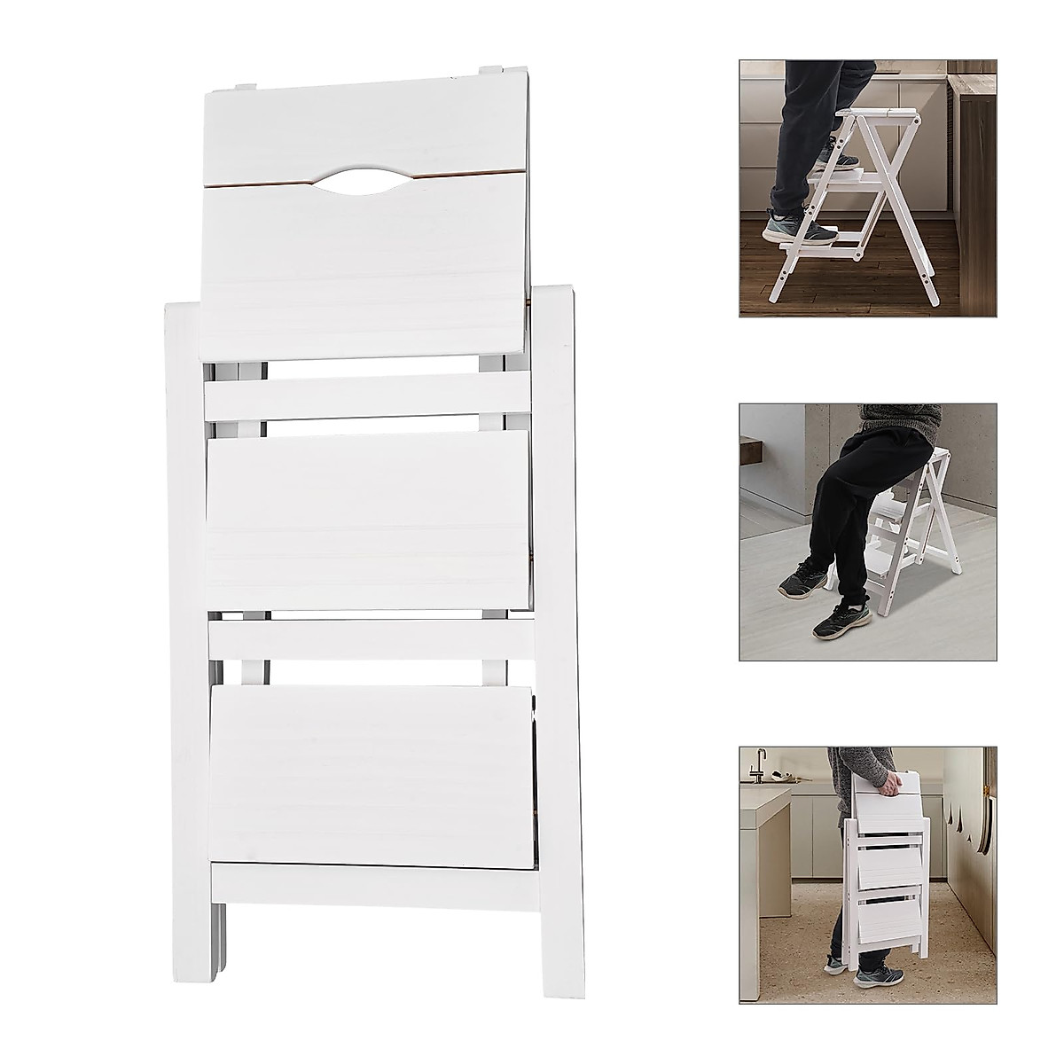 BANLICALI Chair Ladder, 3-Step Ladder Folding Step Stool Ladder Chair, White Pinewood Kitchen Step Stool Counter Chair for Kitchen, Bedroom, Living Room, Warehouse Load 100kg/ 220.46 lbs