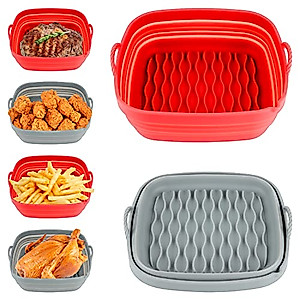 NaiKit's Red 8 IN Reusable Silicone Air Fryer Square Liners for Basket Size 6.5 QT and above. Non-stick, food safe, great instant pot airfryer kitchen accessories
