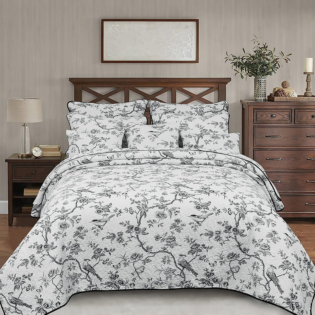 EVENHUG 100% Cotton Quilt Queen Size Black Bird Bedding Set Double Printing Lightweight Quilt Reversible Coverlet Bedspread with Pillow Shams All Seasons 3 Pieces (92"x96")