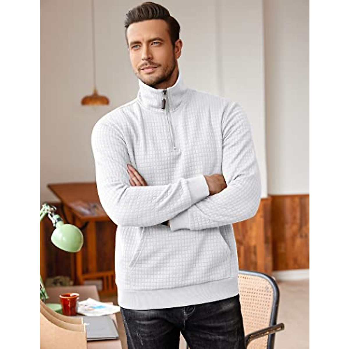 COOFANDY Men's Thermal Collar Sweatshirt Long Sleeve Zip Up Gym Athletic Golf Pullover 1/4 zip sweatshirt White X-Large