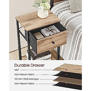 VASAGLE Nightstand, Side Fabric Drawer, 24-Inch Tall End Table with Storage Shelf, Bedroom, Toasted Oak