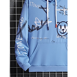 WDIRARA Men's Cartoon Letter Graphic Drawstring Hoodie Long Sleeve Pocket Sweatshirts Blue L