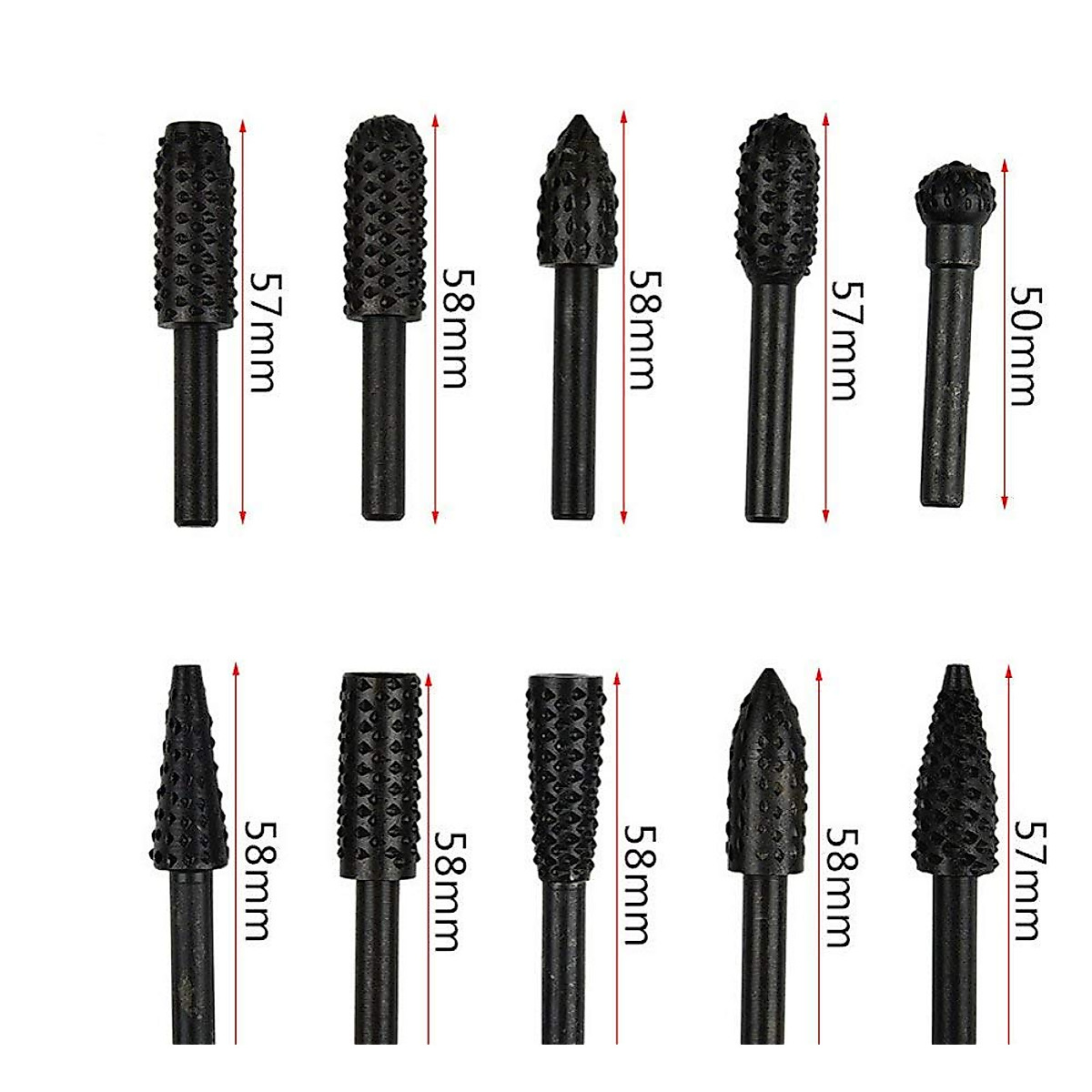 ASNOMY 10PCS Woodworking Twist Drill Bits, Wood Carving File Rasp Drill Bits 6.3mm(1/4") Shank Electrical Tools Woodworking Rasp Chisel Shaped Rotating Embossed Grinding Head with Storage Bag