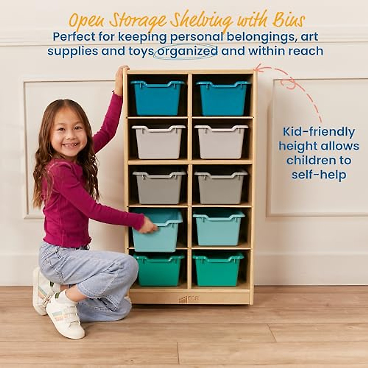 ECR4Kids 10 Cubby Tray Cabinet with Scoop Front Storage Bins, 5x2, Natural, Classroom Furniture, Clear