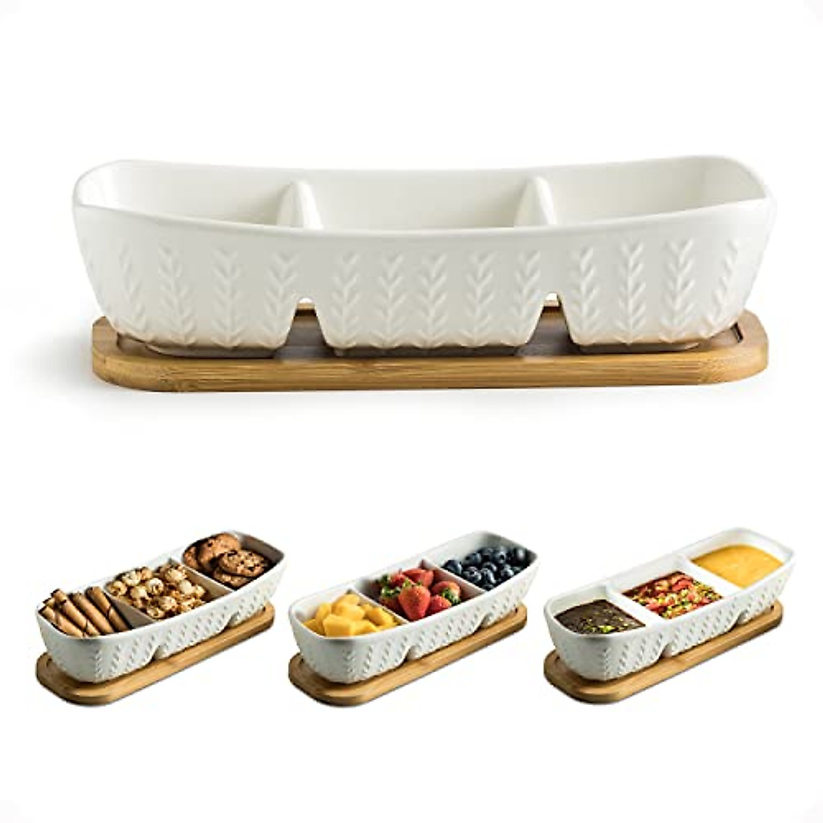 3 Compartment Condiment Tray Hospitality Tray, Chip and Dip Bowl with Wooden Serving Tray, Perfect for Snacks, Appetizers, Charcuterie, Chips, Candy, 10-inch Dip Trays for Parties