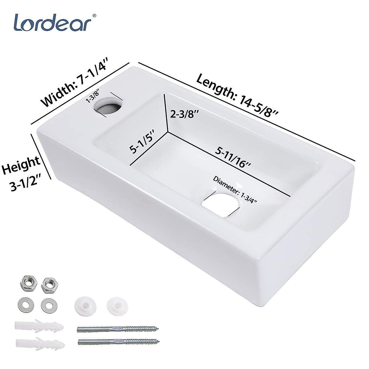 Lordear Small Bathroom Sink Wall Mounted Corner Sink 15"x 7" Floating Hand Wash Basin Wall Hung Left Hand White Ceramic Tiny Vessel Sink for Cloakroom Bathroom
