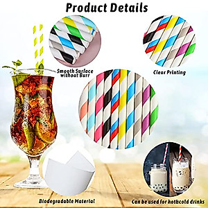 KIMOBER 200PCS Biodegradable Paper Straws,10 Color Stripes Rainbow Disposable Drinking Paper Straws for Wedding Hawaiian Birthday Party Supplies