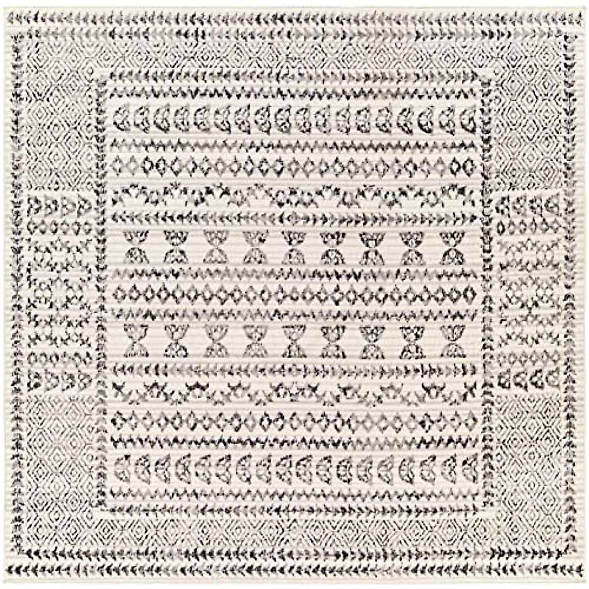 Greig Bohemian Farmhouse Living Room Bedroom Square Area Rug - Neutral Boho Carpet - Bordered - Off White, Black, Grey, Beige - 6'7" Square