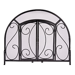 Uniflame Single Panel Black Wrought Iron Ornate Fireplace Screen with Doors