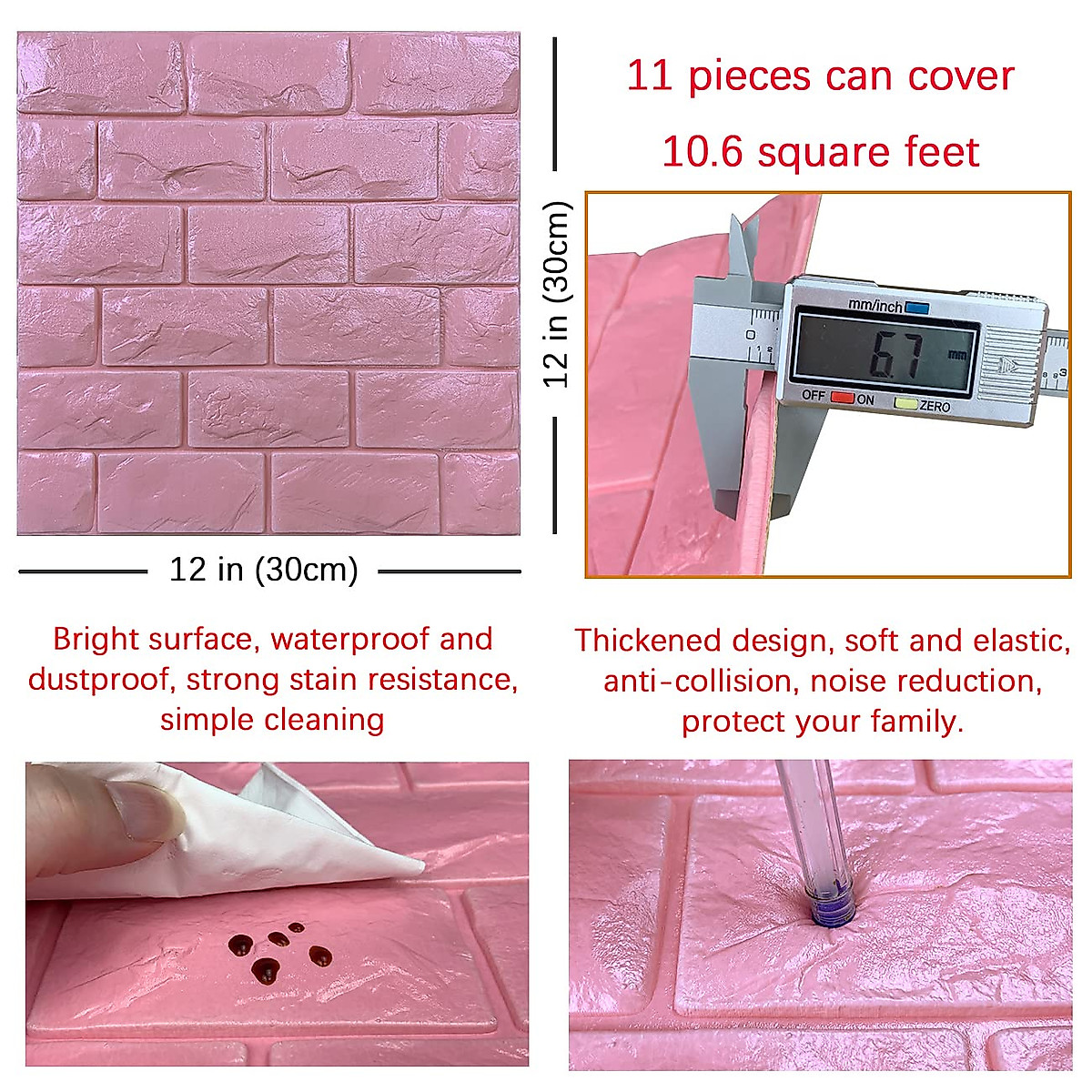 11PCS 3D Wall Panels Peel and Stick Faux Brick Wallpaper Pink Self Adhesive Foam Brick Paneling Faux Stone Wall Panels (11PCS, Pink)