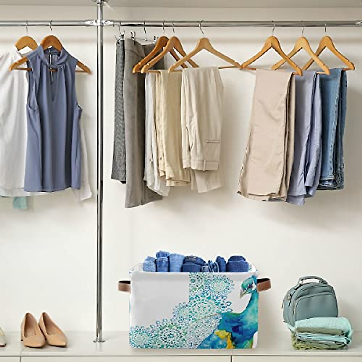 Blue Peacock Flower Square Storage Basket Storage Bins Canvas Storage Organizer Closet Shelf Organizer for Home Office, 1 Pc