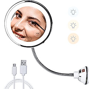 BILEEVO 10X Magnifying Vanity Mirror, Suction Cup Makeup Mirror with Flexible Gooseneck, LED Light Dimmable