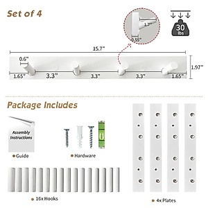 Forbena White Coat Hooks Wall Mount for Hanging 4 Pack, 16 Inch Wood Entryway Coat Rack Wall Mounted Heavy Duty, Modern Large Wall Hooks for Hats Kids Clothes Bags Purses Caps Closet - 16 Hooks