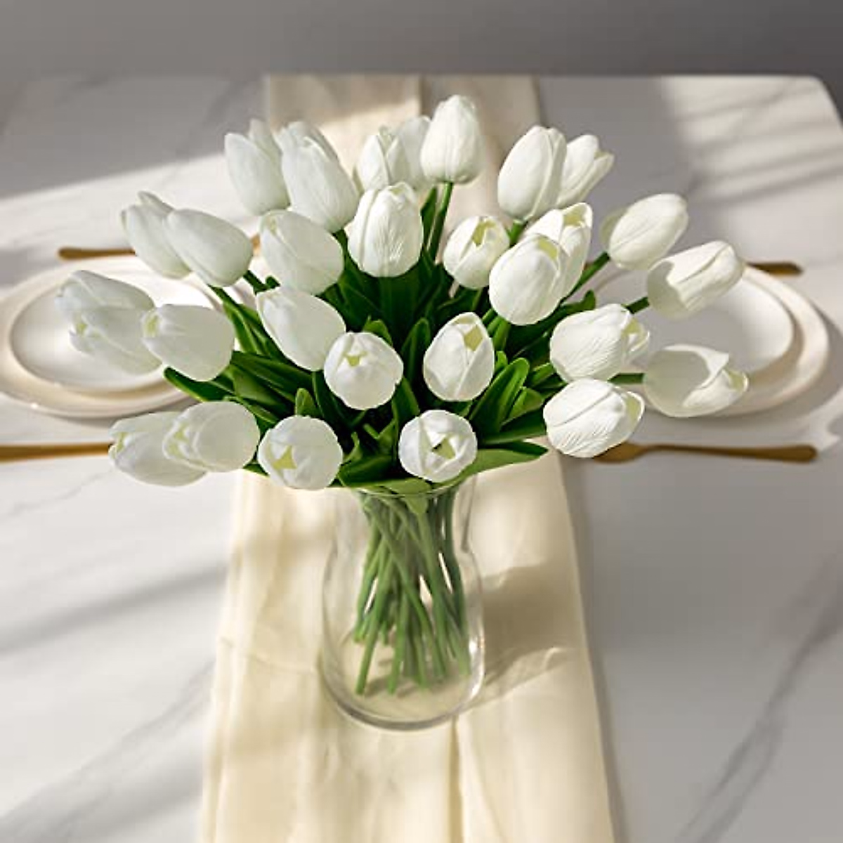 Nubry 30pcs Artificial Tulip Flowers Fake Real Touch Tulips Flower Bouquet for Wedding Arrangements Centerpieces Home Decoration (White)