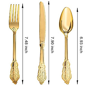 N9R 300pcs Gold Plastic Silverware Dinnerware Flatware- Heavyweight Gold Plastic Cutlery Set, 100 Gold Forks, 100 Gold Spoons, 100 Gold Knives, Gold Utensils for Party, Wedding,Birthday