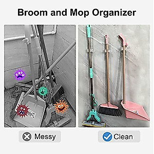 Broom Holder Wall Mount - 2 Pack Adhesive Mop and Broom Holder Wall Mount with Hooks Design, Broom Organizer Wall Mount, Broom Hanger and Mop Organizer Wall Hanging for Home, Kitchen, and Garage