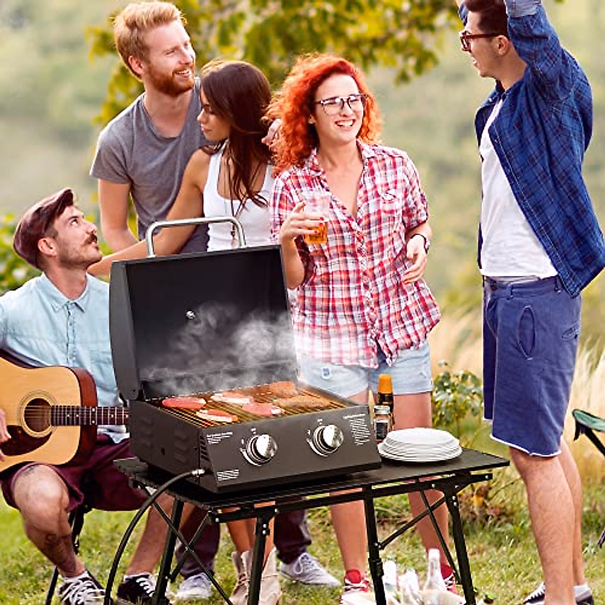 Outsunny 2 Burner Propane Gas Grill Outdoor Portable Tabletop BBQ with Foldable Legs, Lid, Thermometer for Camping, Picnic, Backyard, Black