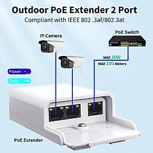 CENTROPOWER Passive 2 Port POE Extender Outdoor ，IP65 Waterproof PoE Passthrough Switch，10/100Mbps，(30W) IEEE 802.3af / 802.3at，1 Input Port and 2 Output Ports，PoE Amplifier