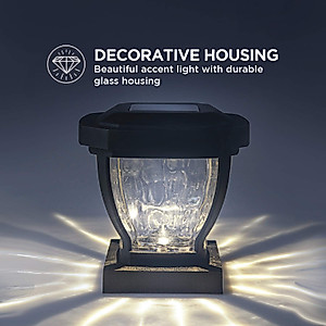 Home Zone Security Solar Post Cap Lights - Decorative Glass LED Outdoor Fits 3.5 x 3.5 in. Post Lights, Black (2-Pack)