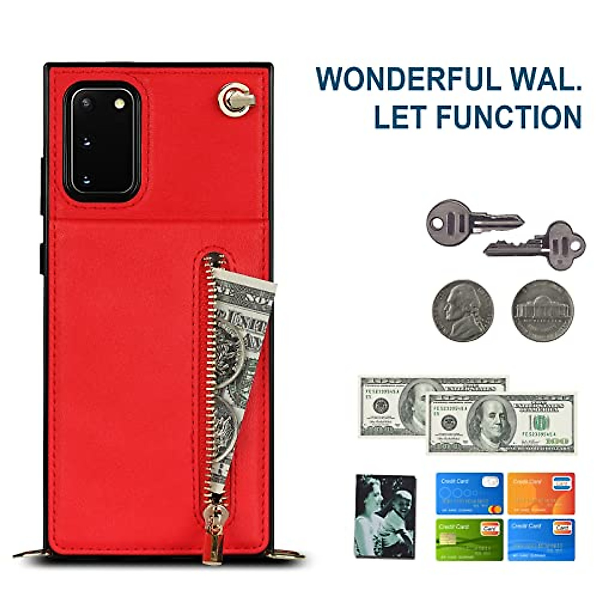 Jaorty Samsung Galaxy S 20 FE 5G Phone Case with Card Holder for Women,Samsung Galaxy S20 FE 5G Crossbody Case Wallet with Strap Lanyard with Kickstand,Credit Card Slots PU Leather Cases,6.5",Red