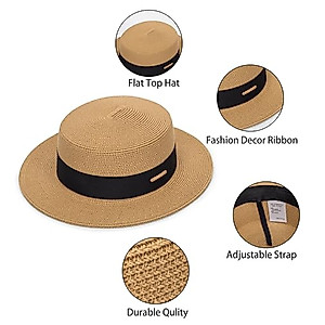 Straw Beach Sun Hat Pork-Pie Boater-Hat for Women Men - Summer Wide Brim Uv-Rays Panama Hat Khaki