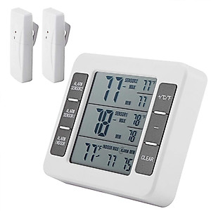 Wireless Therometer-Refrigerator Thermometer Wireless Digital Freezer Thermometer with 2PCS Wireless Sensors with Audible Alarm for Indoor Outdoor Thermometer (Battery not Included)