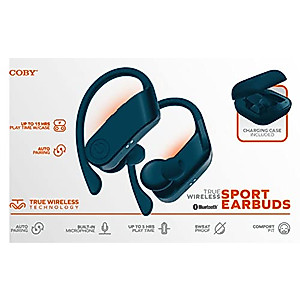 Coby True Wireless Sport Earbuds 15 Hours, Charging Case, Playback Controls, Siri and Google Assistant, Auto Bluetooth 5.0 Pairing, for Gym, Running, Workout - Works with iPhone, Android, iPad (Blue)