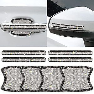 8PCS Car Door Handle Bling Rhinestones Stickers Universal Auto Door Handle Scratch Cover Guard Protective Film Pad with Safety Reflective Strips (Black & Sliver Set)