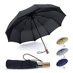AKNW Portable Travel Umbrellas for Rain Windproof, 10 Ribs Auto Open Close Folding Umbrella with Wood Handle, Strong, Wind Resistant, Compact Small Umbrella for Backpack, Car, Purse, Black