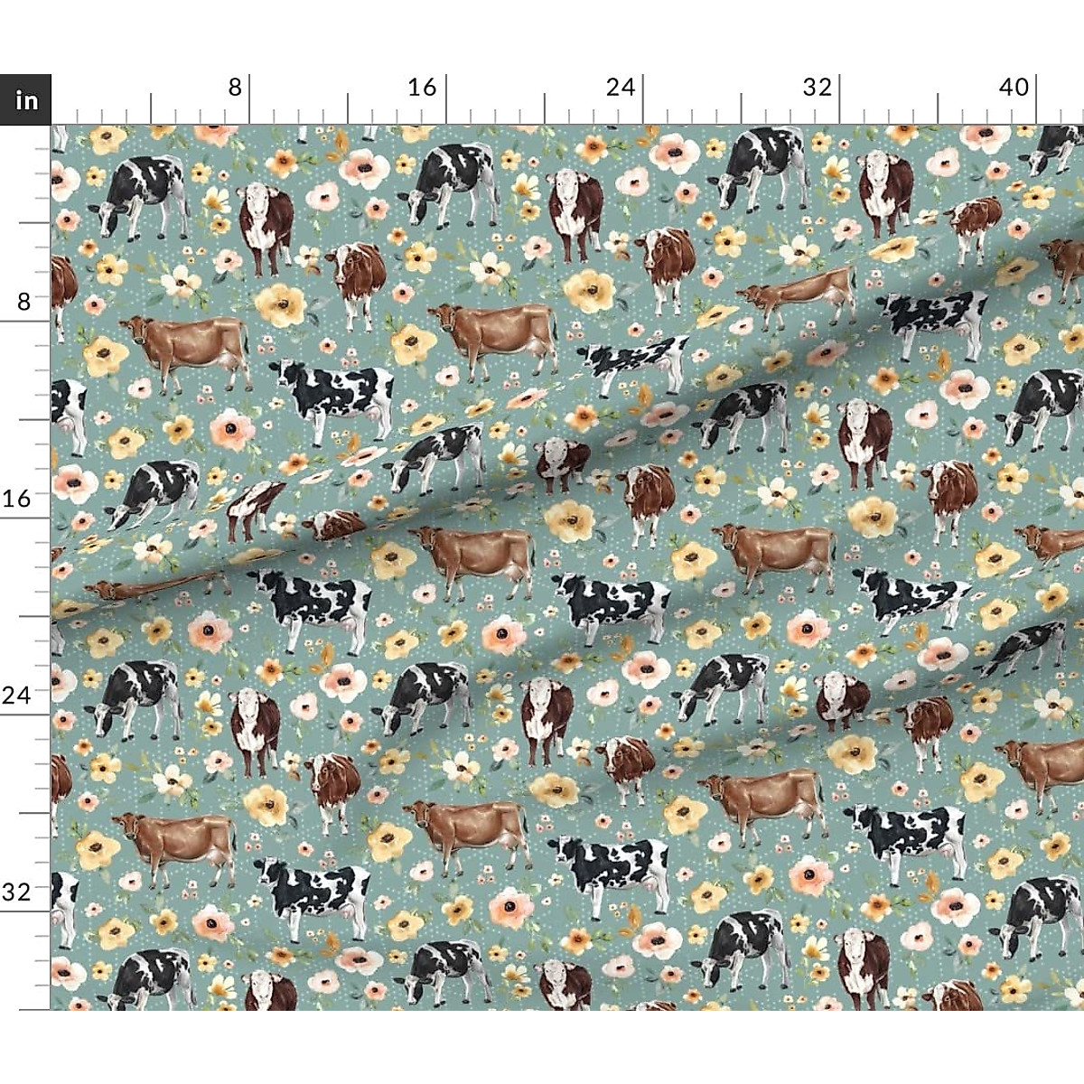 Spoonflower Fabric - Farmhouse Blue Cows Flowers Large Pink Floral Dots Spring Watercolor Printed on Petal Signature Cotton Fabric by The Yard - Sewing Quilting Apparel Crafts Decor