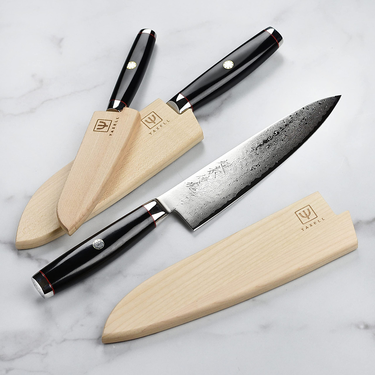Yaxell Ypsilon SG2 Knife Set, 3 Piece with Katana Stand - 193 Layer Stainless Damascus