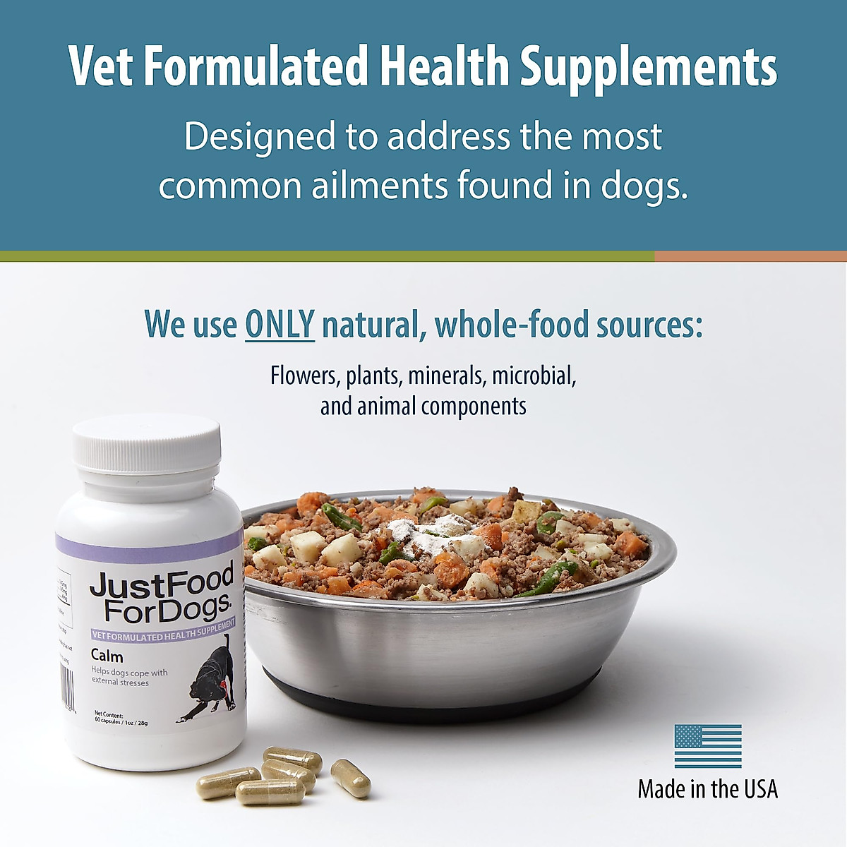 JustFoodForDogs Calm, Dog Calming Supplement for Stress, Anxiety, Travel, Thunderstorms, Hyperactivity, Fireworks - 90 Count