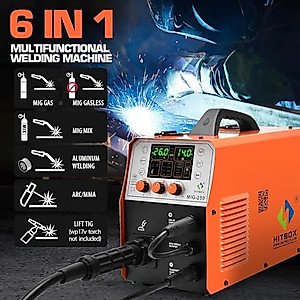 HITBOX MIG250 Mig Welder 250A Welder Dual Voltage Welding Machine 110v/220v Multiprocess 5 IN 1 Welder Machine Gas/Gasless/Stick/Lift Tig/Spot Welding Portable Welder Professional Aluminum Welder
