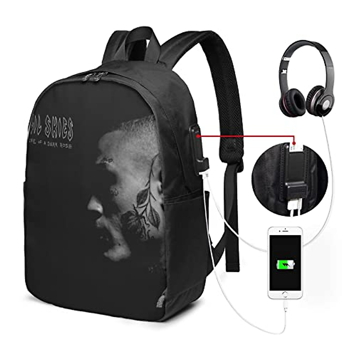 DaniBrant Lil Skies Life of a Dark Rose 17 in Backpack USB Charger Bookbag Laptop Bag Bookbag Unisex Student Adult Classic Fashion Backpack