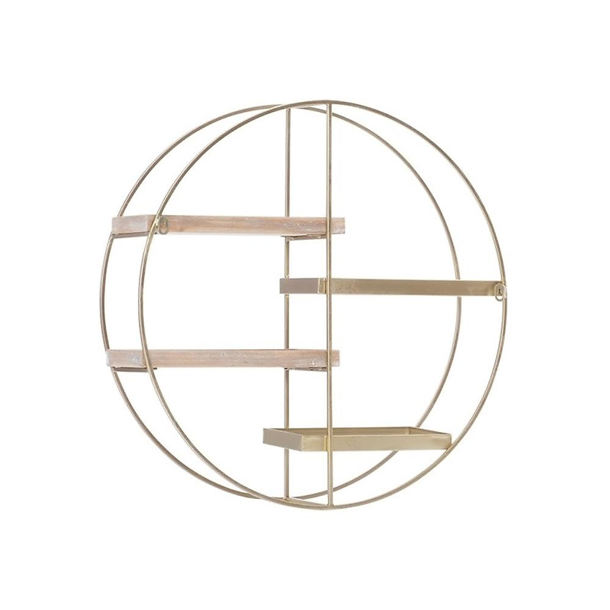 Linon Kenson Round Metal and Greywashed Wood Four Shelf Wall Storage in Gold