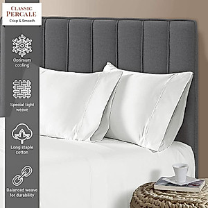 Pizuna Percale Cotton Pillow Cases Queen Size Set of 2 White, 100% Long Staple Cotton Crisp Percale Weave with Stylish 4 inch Hem (Combed White Cotton Pillow Cases Queen)