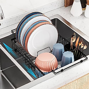 iSPECLE Sink Dish Drying Rack - 3 Sizes Adjustable Dish Rack(13.5'',15.3'',17'') - Over Sink Drying Rack, in Sink or on Counter Dish Drainer with Removable Cutlery Holder Large Capacity, Black