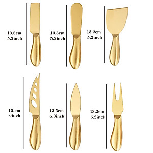 Golden Cheese Knife Set 6 Piece, Stainless Steel Cheese Cutter, Cheese Spreader knife with Ergonomic Handle, Cheese Shaver and Fork for Holiday, Birthday, Wedding, Party