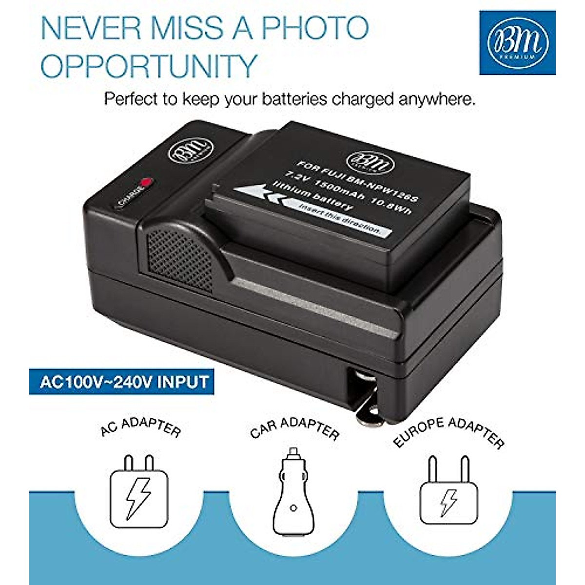 BM Premium NP-W126S High Capacity Battery and Charger for Fujifilm FinePix X-S10, X-T100, XT-200, X-100F X-100V X-A7 X-H1 X-T10 X-T20 X-T30 X-A3 X-A5 X-A10 X-E1 X-E2 X-E2S X-E3 X-T1 X-T2 X-T3 Cameras