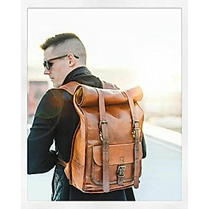 DEENIT'S Tan Pure Leather Roll Top Backpack Bag For Laptop, Ipad , Files, Books Shoulder Bag for Men and Women (24x14x6)