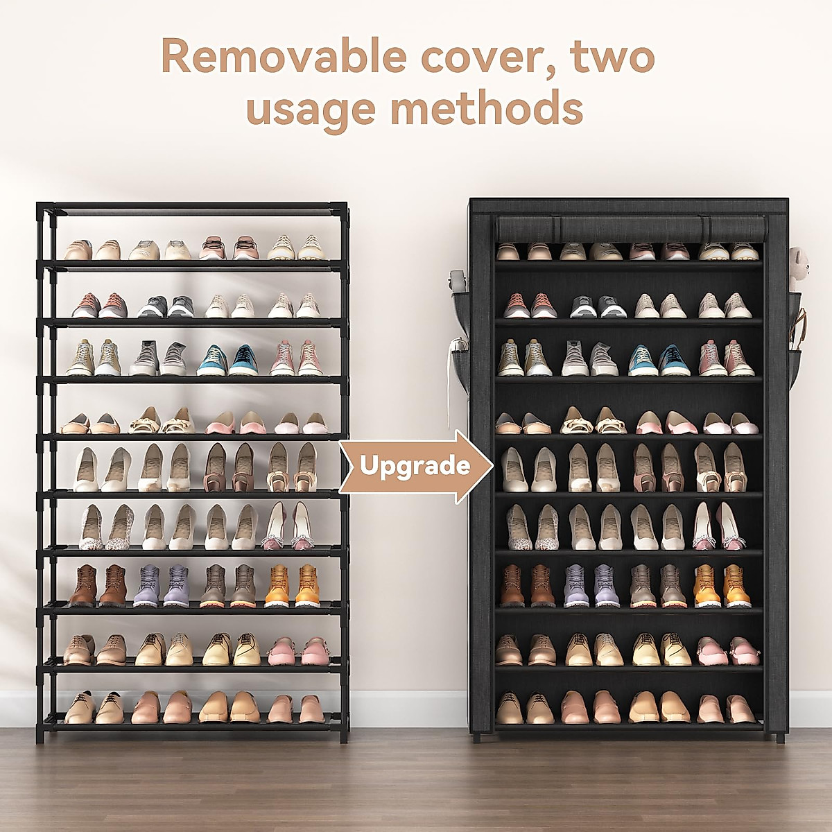 LANTEFUL Shoe Rack with Covers - 10 Tiers Tall Shoe Rack Organizer Large Capacity Shoe Shelf Storage 40 Pairs Space Saving Vertical Shoe Storage Organizer for Closet, Entryway, Dorm, Bedroom